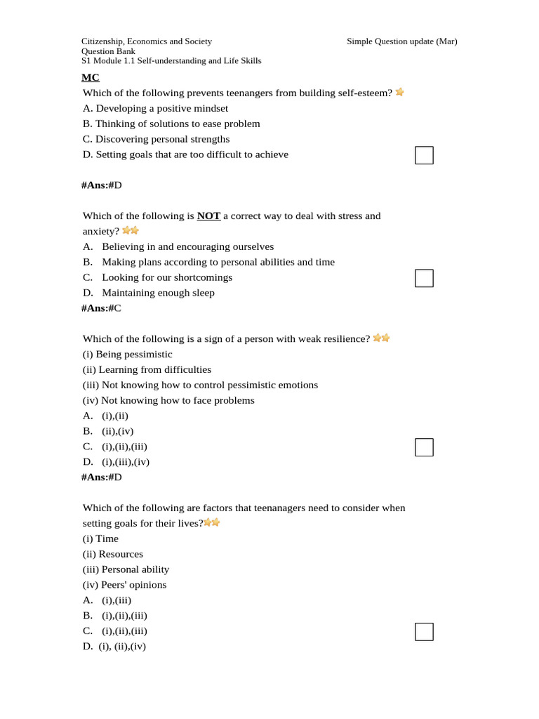 Module 1.1 Simple Questions (March Updates) With Answer. | PDF | Self ...