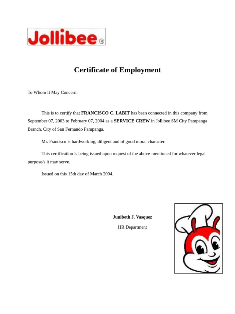 Jollibee Certificate of Employment Sample | PDF