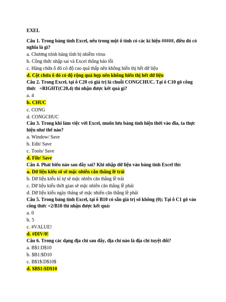 TRNG EXEL Đáp Án | PDF