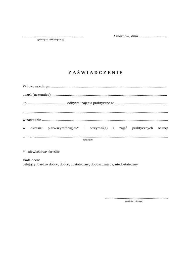Zaswiadczenie o Ocenie Z Praktyki | PDF