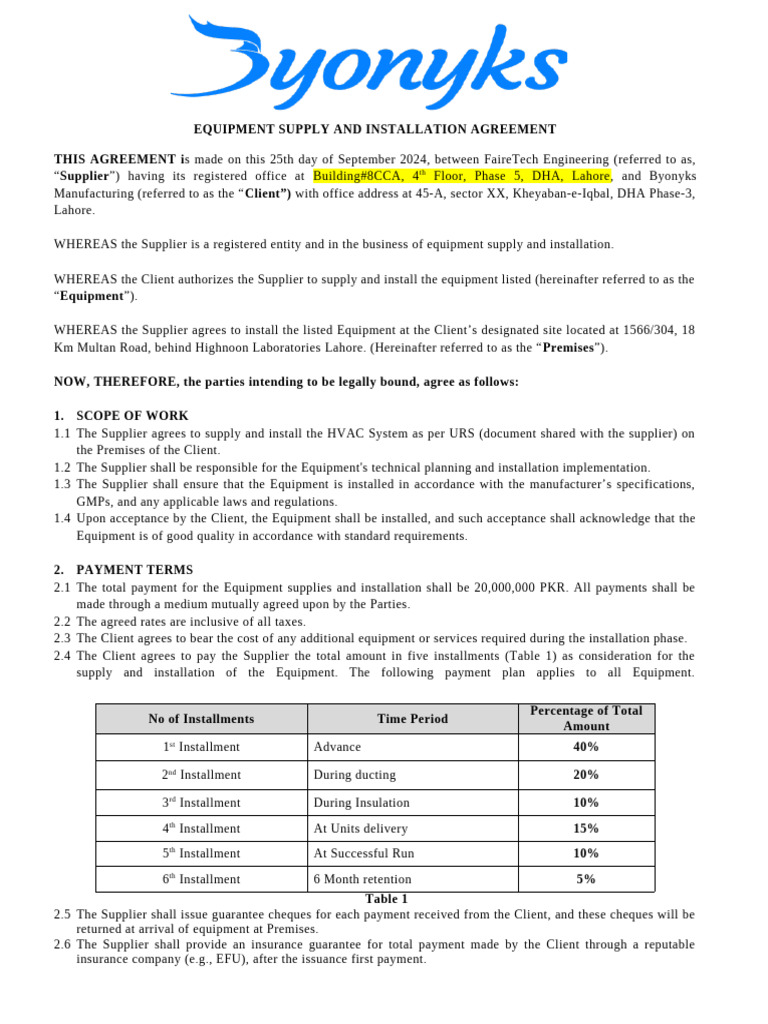 Equipment Supply and Installation Agreement | PDF | Indemnity | Safety