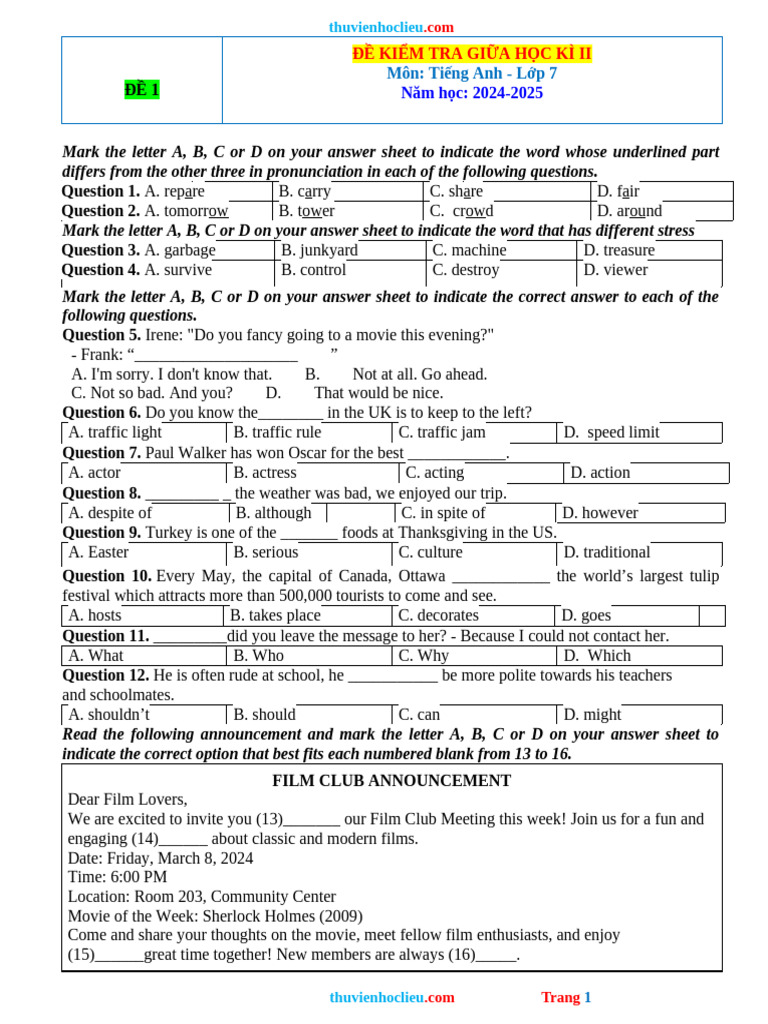 Bo de Kiem Tra Giua HK2 Tieng Anh 7 Global 24 25 | PDF | Dr. Watson | Carnival