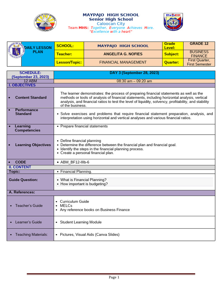 Grade 12 Financial Management Lesson Plan | PDF | Budget | Goal
