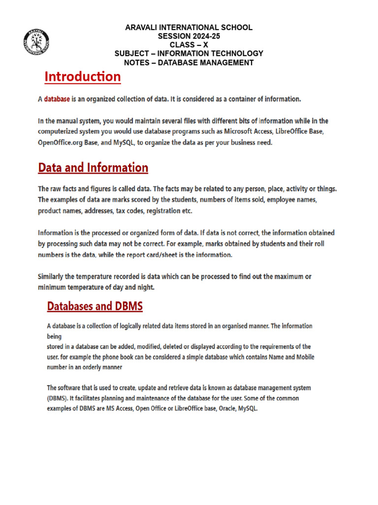 Database Management Notes for Class X | PDF