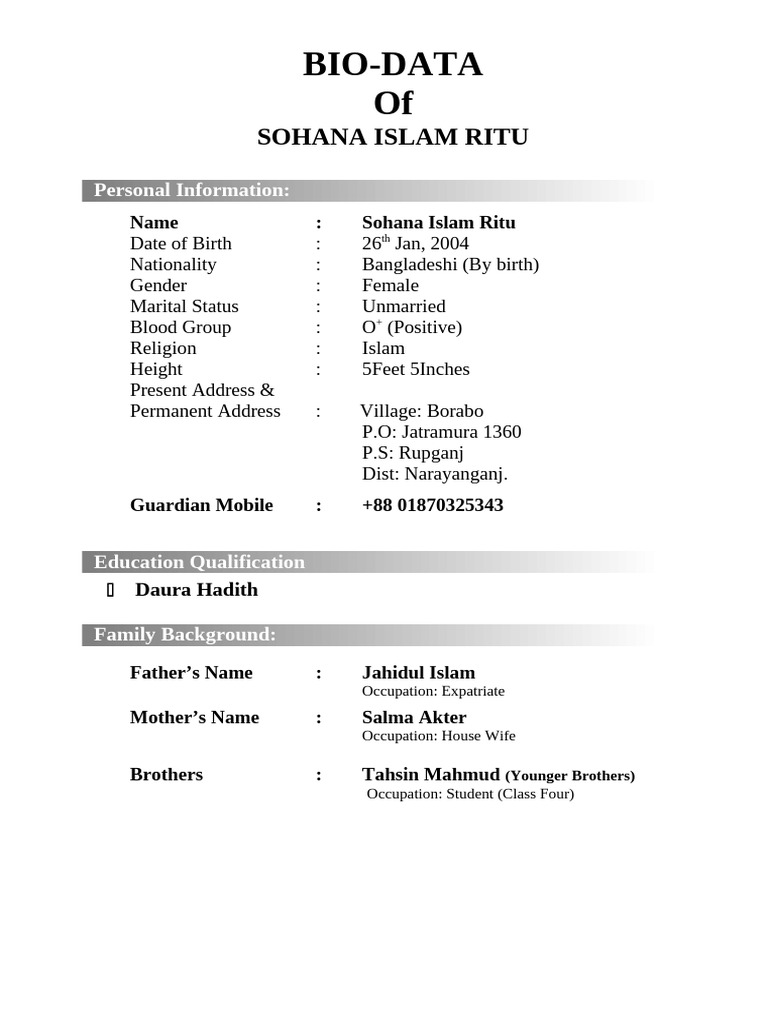 Marital CV Formate 01870325343 | PDF