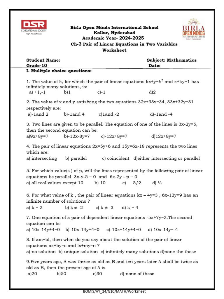Grade-10 Ch-3 Linear Equations | PDF | Equations | System Of Linear Equations