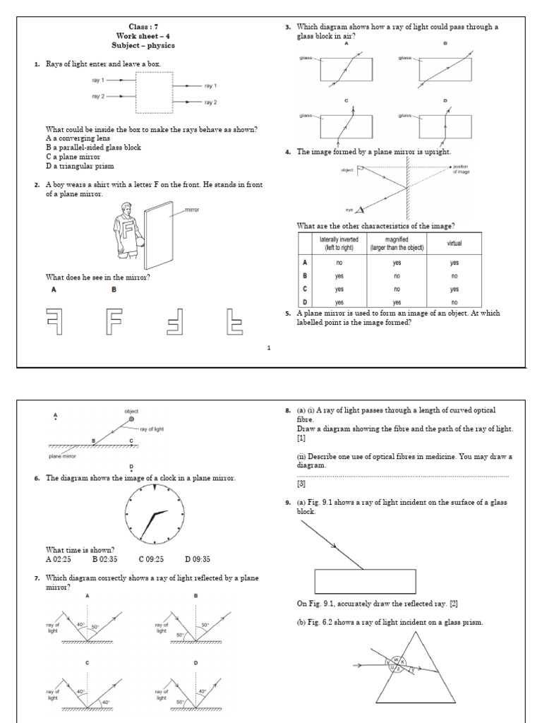 gr7 - Class 7 - Worksheet - 4 | PDF | Mirror | Optics