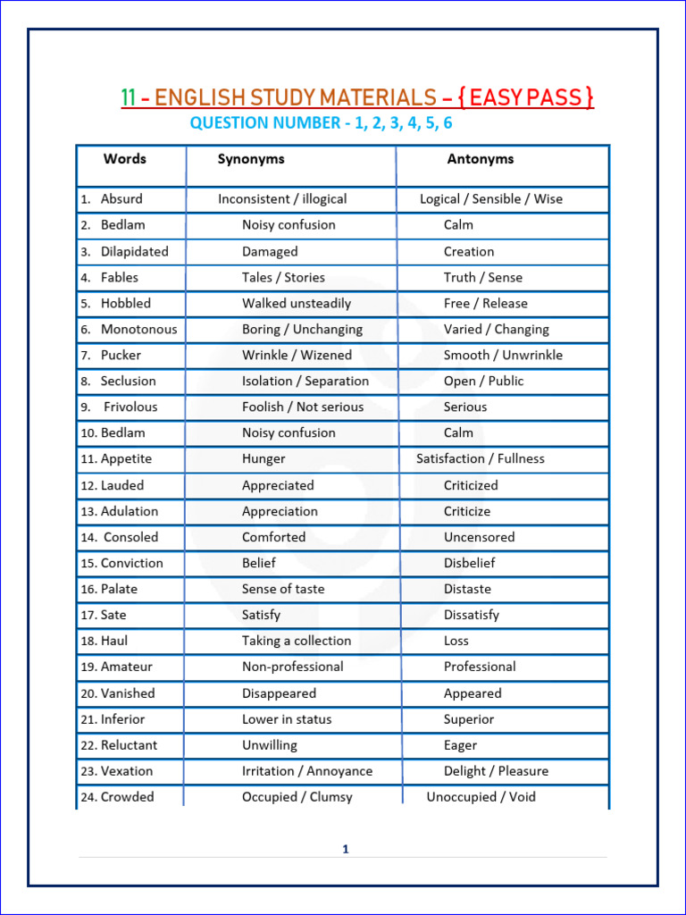 11th English Easy Pass Study Material PDF Download | PDF