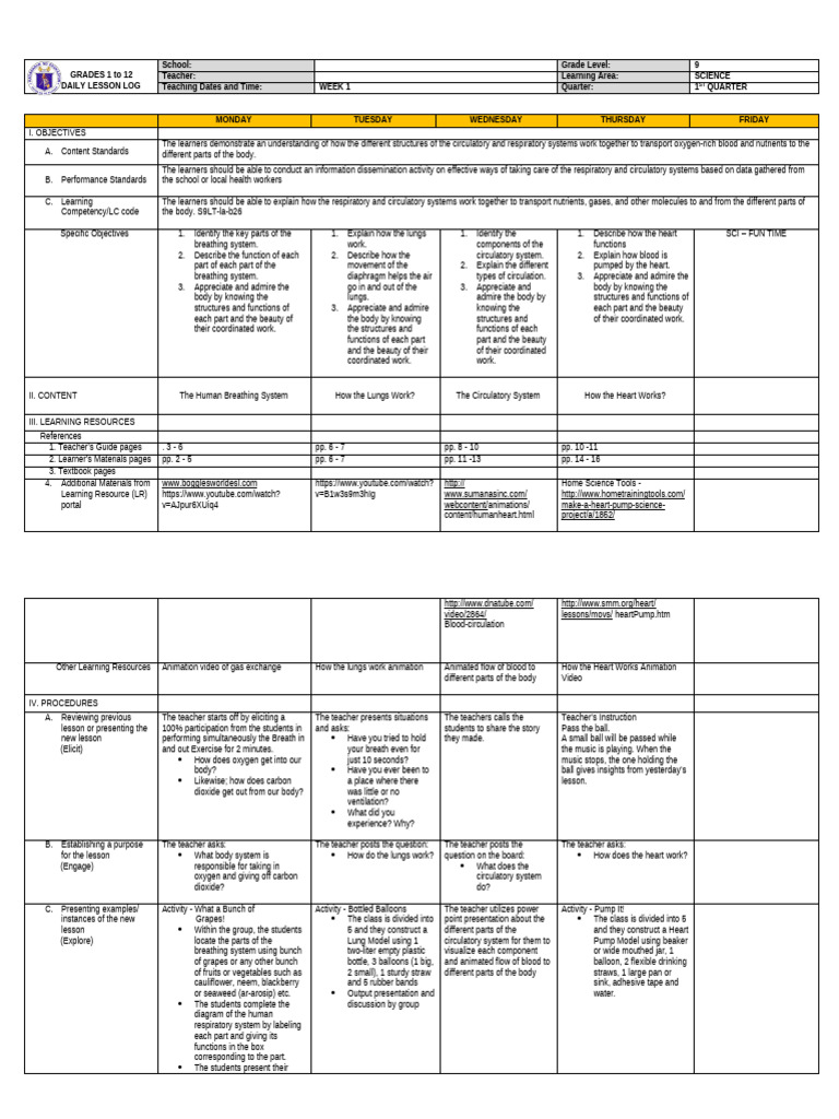 Grade 9 Science Daily Lesson Log | PDF | Respiratory System ...