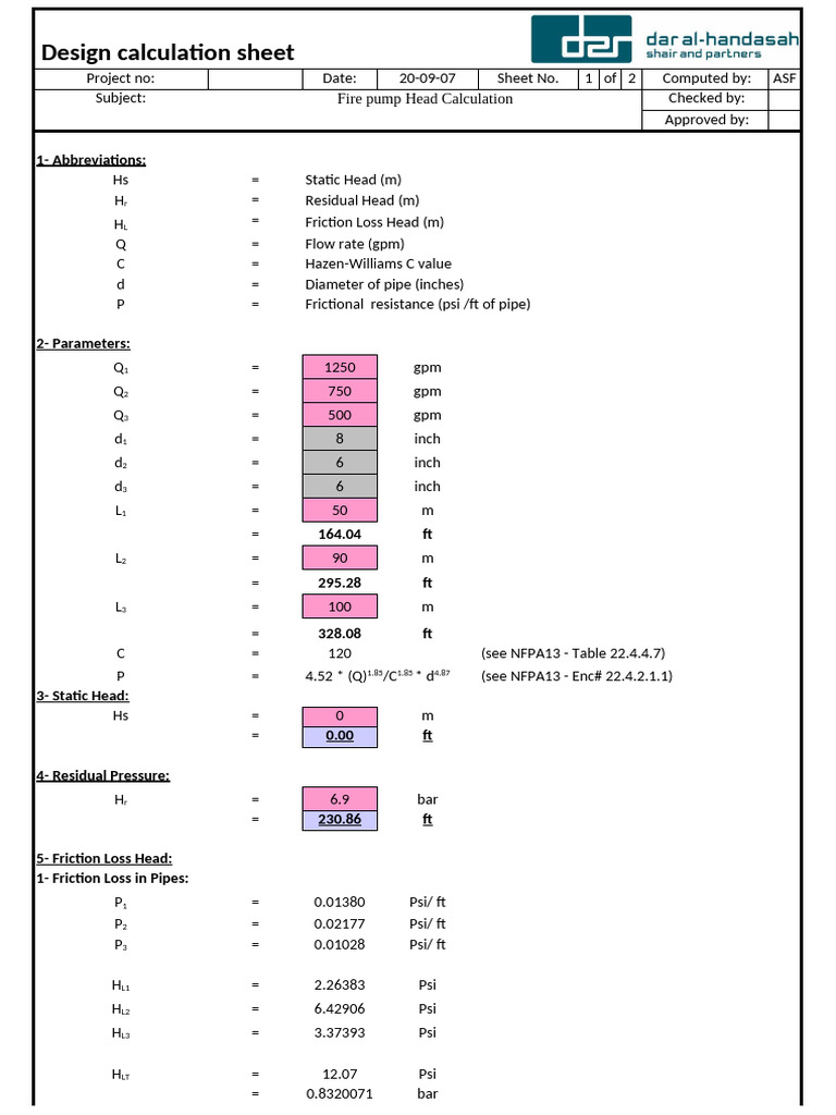 Fire Pump Head Calculations | PDF | Gases | Continuum Mechanics