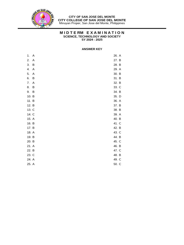 STS Midterm Exam Answer Key 2025 | PDF