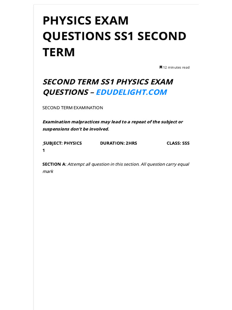 Second Term Ss1 Physics Exam Questions | PDF | Force | Thermal Expansion