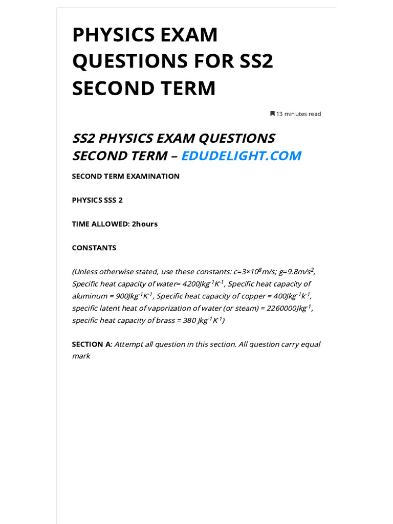 Ss2 Physics Exam Questions Second Term | PDF | Waves | Heat