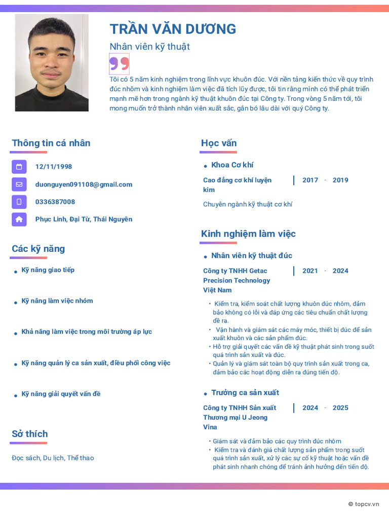 CV TRAN VAN DUONG - CV Nhân viên kỹ thuật | PDF