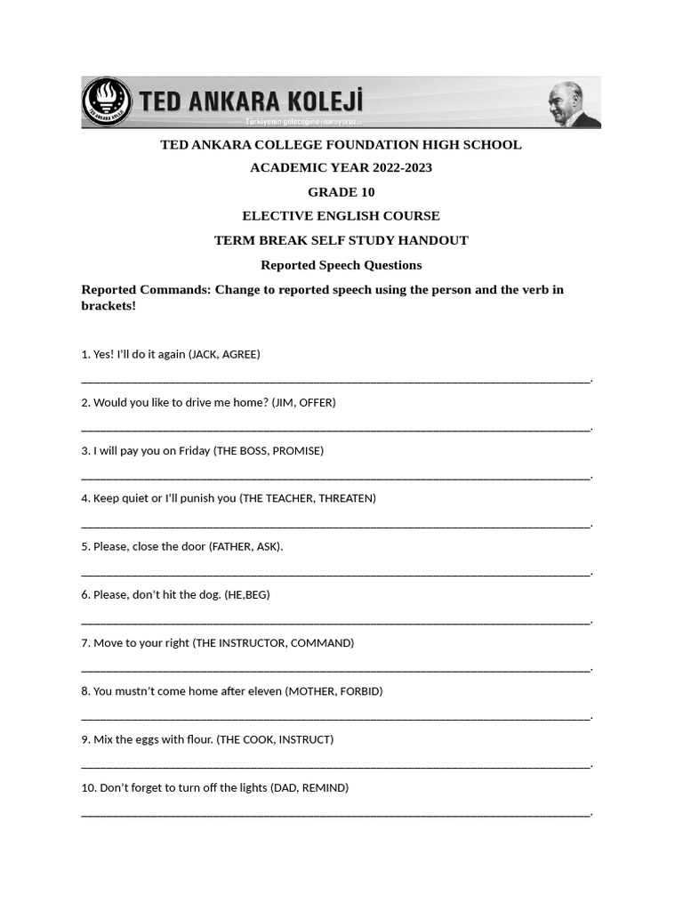 Reported Speech Practice for Grade 10 | PDF