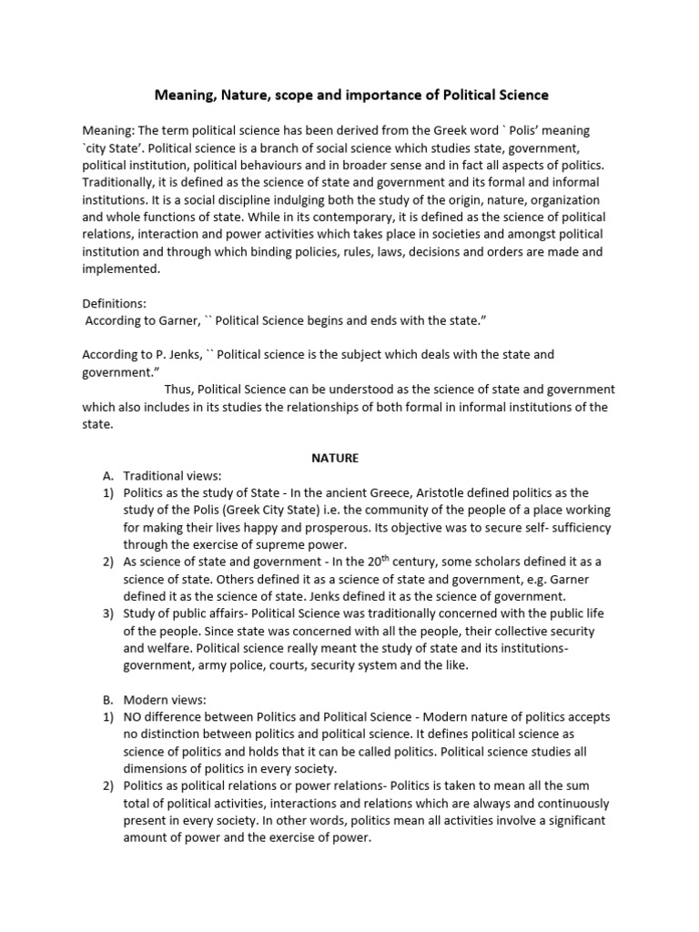 Meaning, Nature, Scope and Importance of Political Science | PDF ...