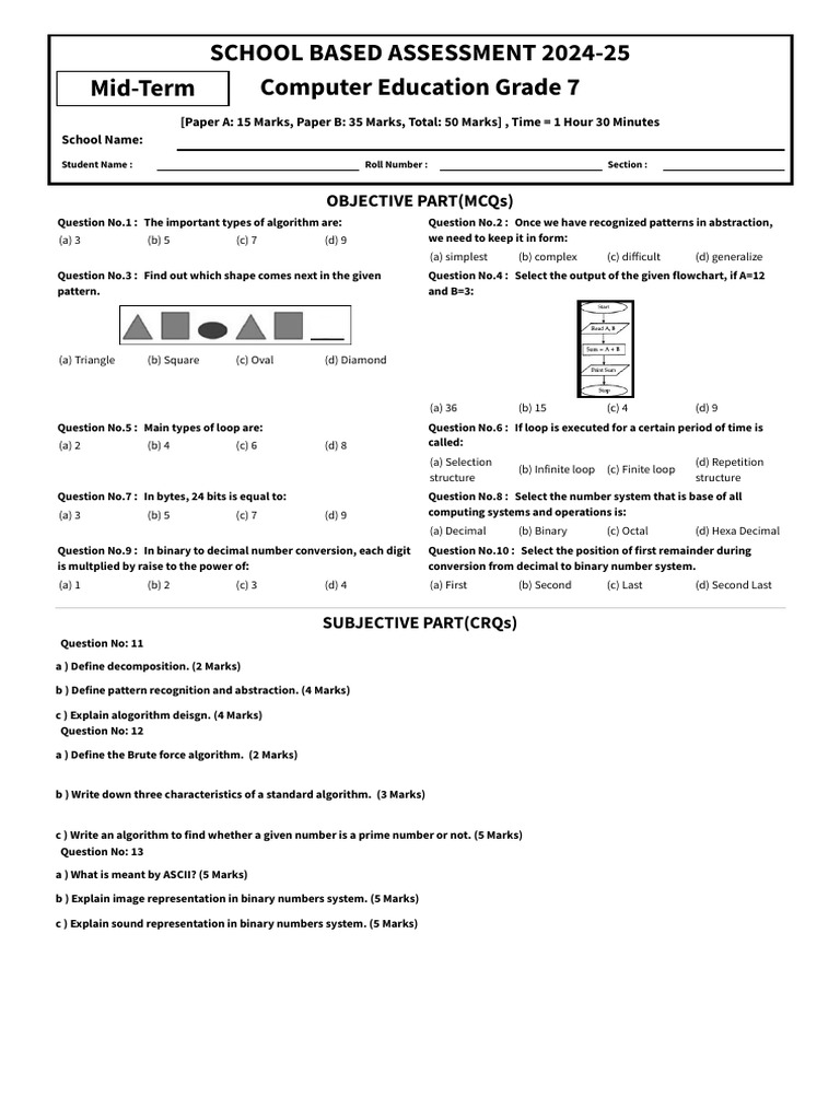 Grade 7 Computer Education Assessment | PDF | Numbers | Algorithms