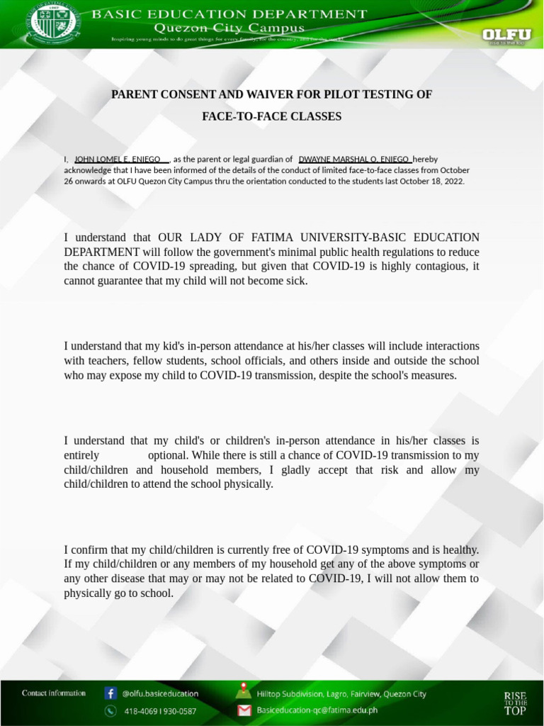 Parental Consent Waiver 2022 - 1020 | PDF