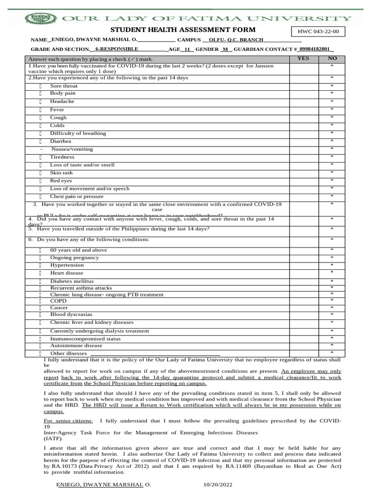 Student-Health Assessment Form 2022 - 1020 | PDF | Common Cold | Health ...