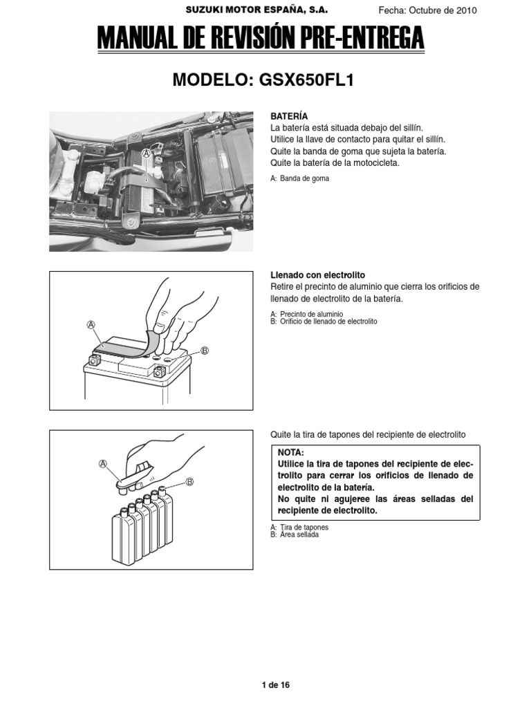 Manual de Revisión Pre-Entrega GSX650FL1 | PDF | Presión | Tornillo