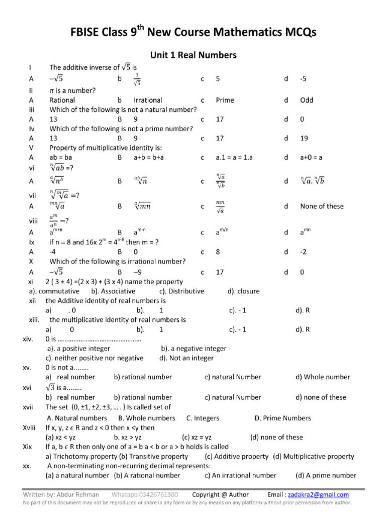 Federal Board MCQs Maths | PDF