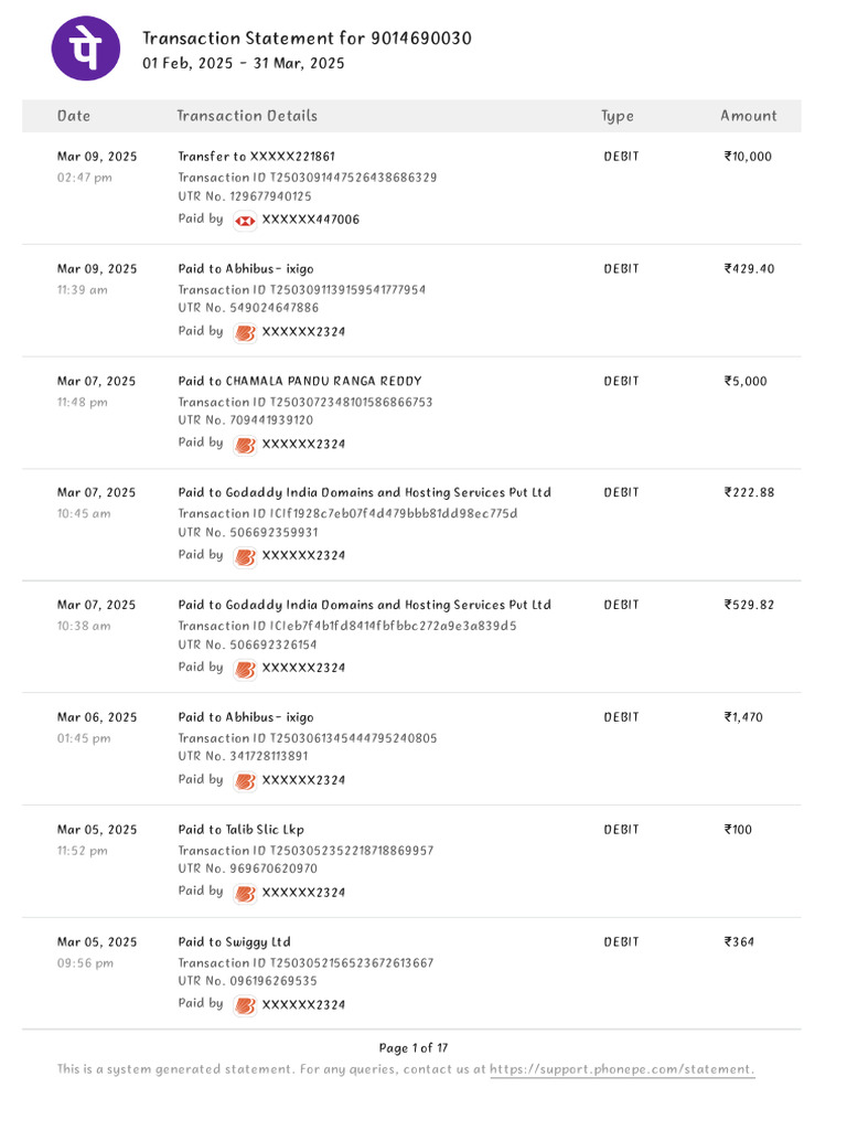 PhonePe Statement Feb2025 Mar2025 | PDF | Debit Card | Personal Finance