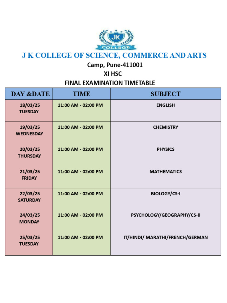 XI HSC Final Examination Timetable | PDF