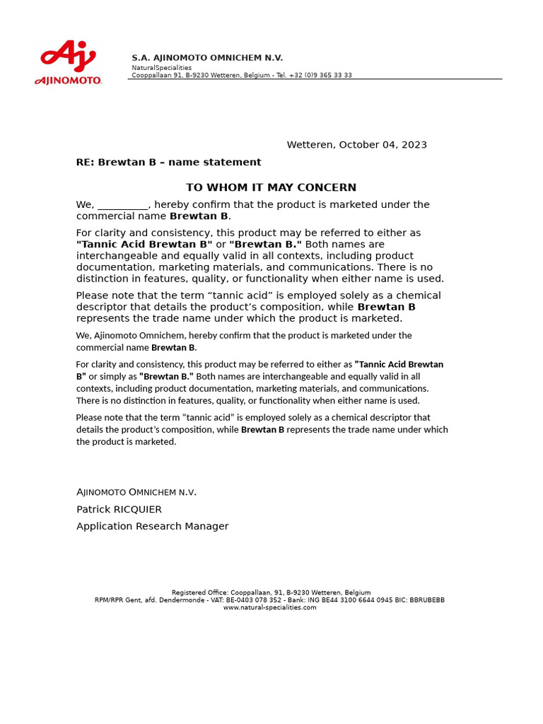 Brewtan B - Ingredient Statement - 20231004 | PDF