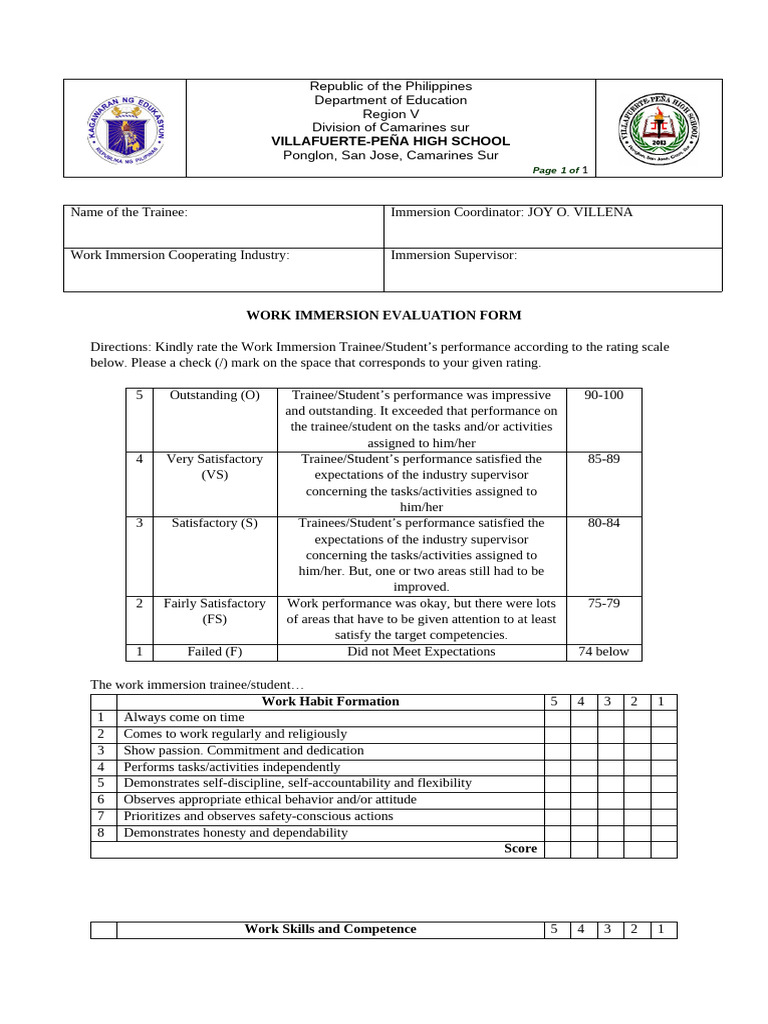 Worl Immersion Evaluation Form | PDF | Psychology | Social Psychology