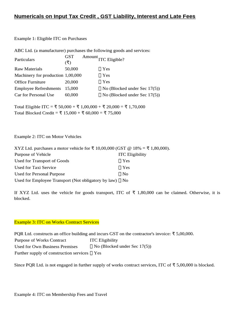 ITC Sums and Case Studies | PDF | Value Added Tax | Tax Credit