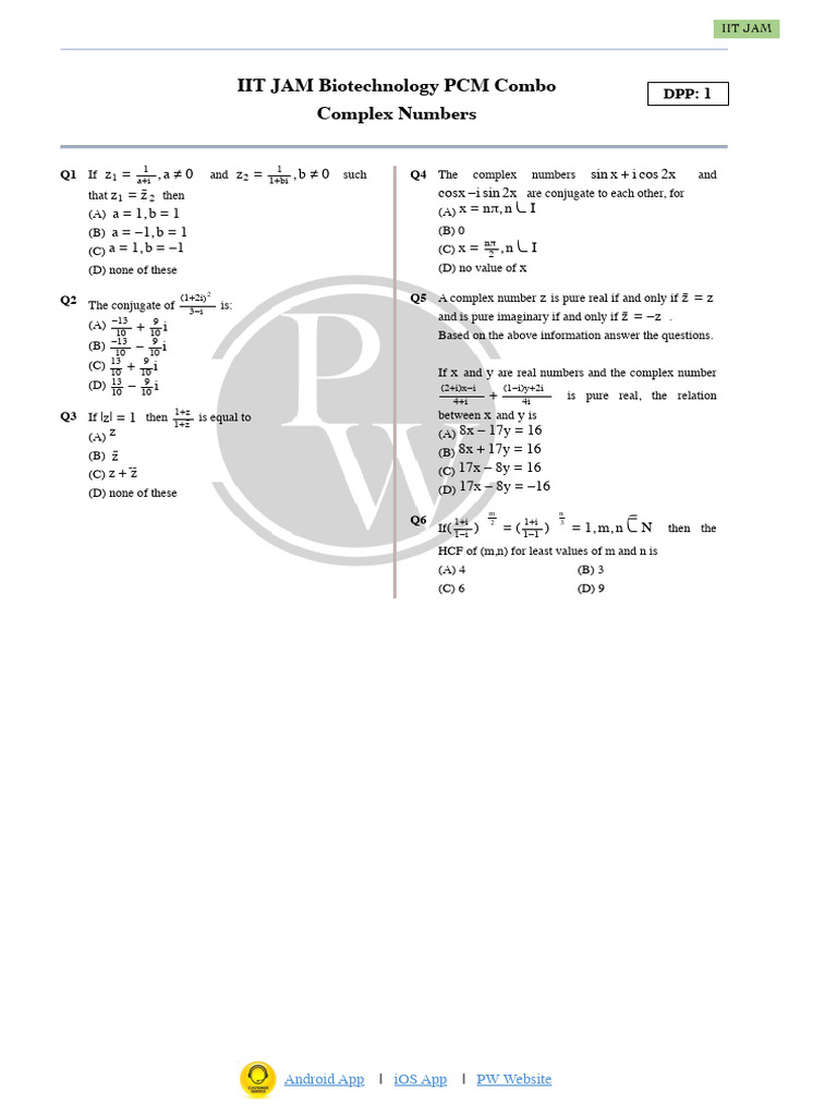 Complex Numbers - DPP 01 - IIT JAM Biotechnology PCM Combo | PDF | Mobile Software | Mobile ...