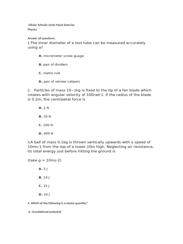 Physics Jamb Quest | PDF | Waves | Force