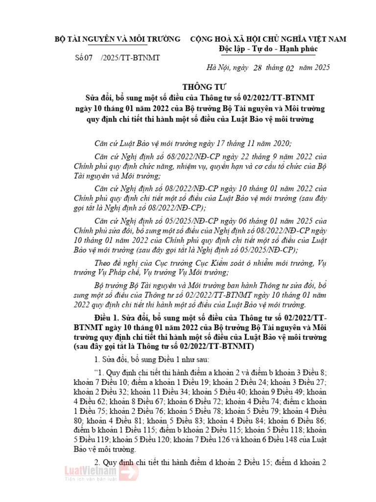 Thông tư-07-2025-TT-BTNMT - S A Đ I-B Sung TTư 02 | PDF