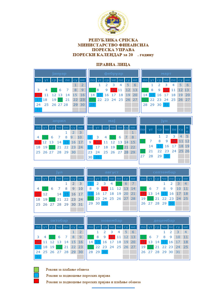 Poreski Kalendar Za Pravna Lica Za 2022. Godinu | PDF