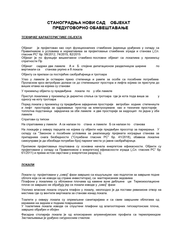 Predugovorno Informisanje Objekat 1 | PDF