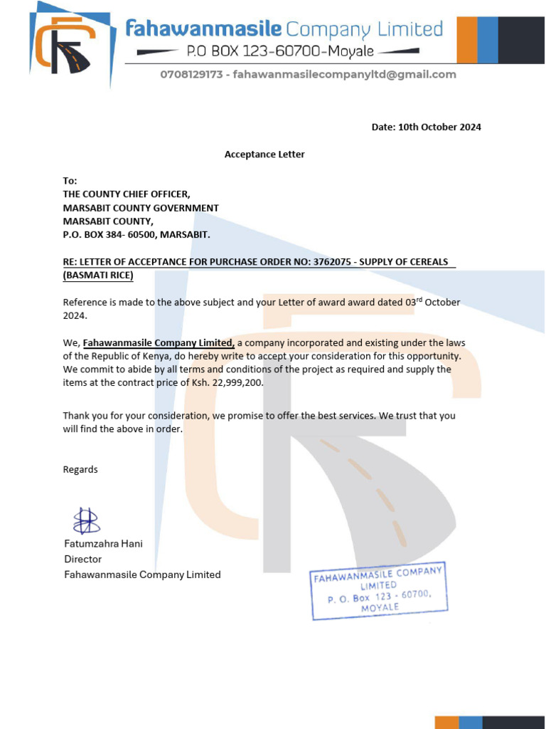 Acceptance Letter for Purchase Order 3762075 | PDF