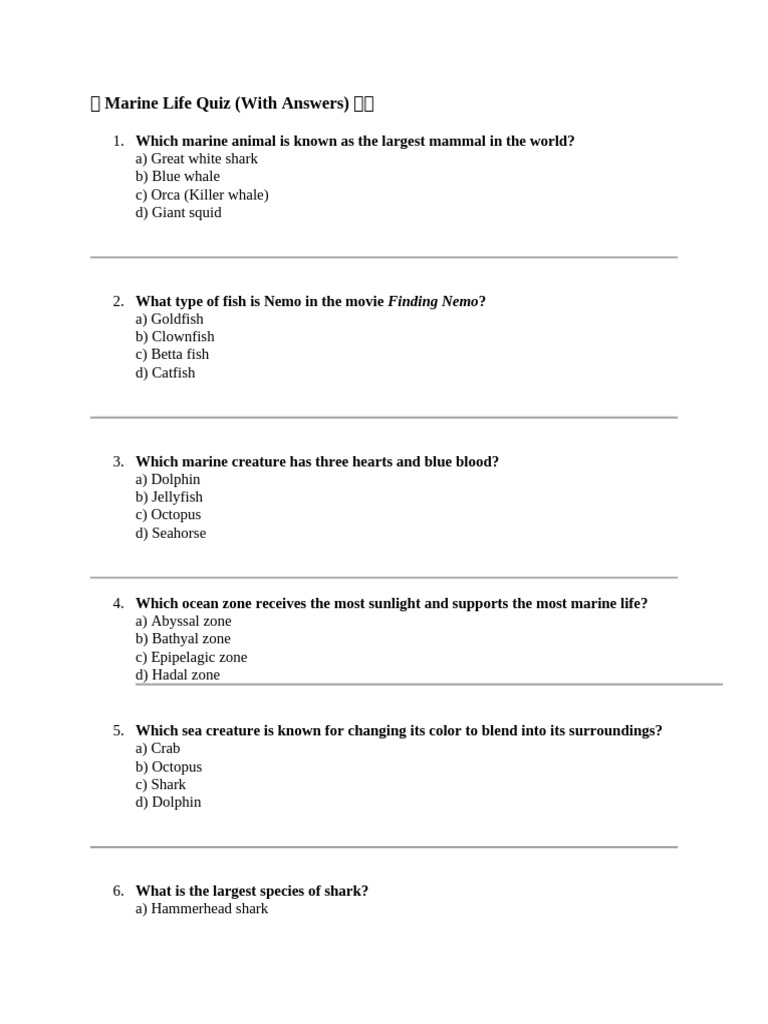 Marine Life Quiz with Answers | PDF