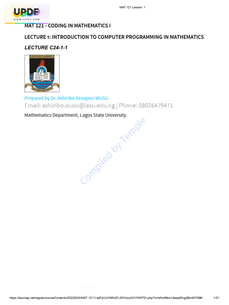 MAT 121 Lesson - 1 | PDF | Computer Programming | Teaching Mathematics