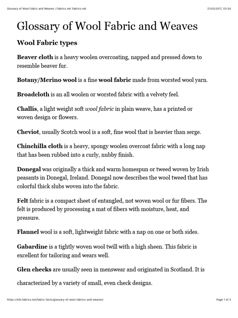 Glossary of Wool Fabric and Weaves | PDF | Wool | Textiles