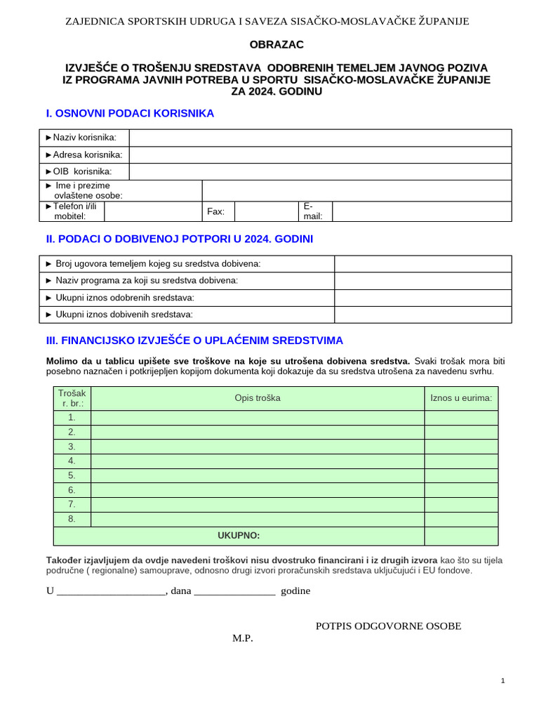Obrazac Izvjesce Za 2024. GODINU | PDF