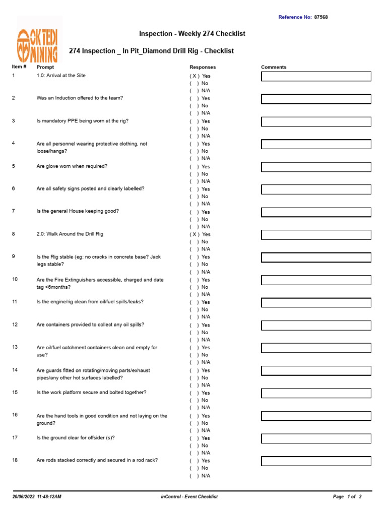 Weekly Pit Inspection Checklist | PDF | Personal Protective Equipment ...