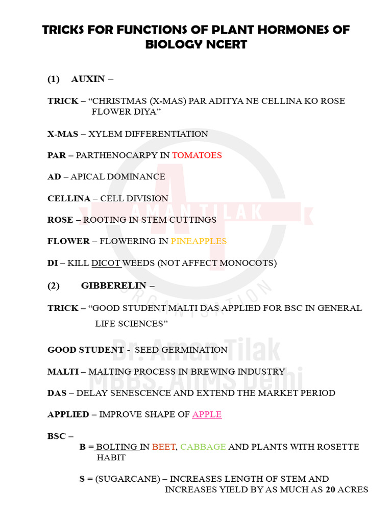 Mnemonics for Plant Hormone Functions | PDF | Plant Hormone | Seed