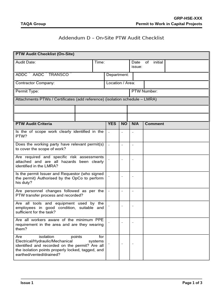 Addendum A - On-Site PTW Audit Checklist - PTW Capital Project | PDF ...