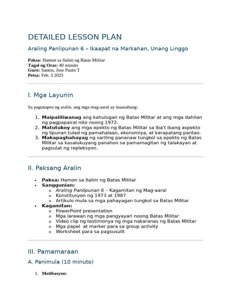 Detailed Lesson Plan: I. Mga Layunin | PDF