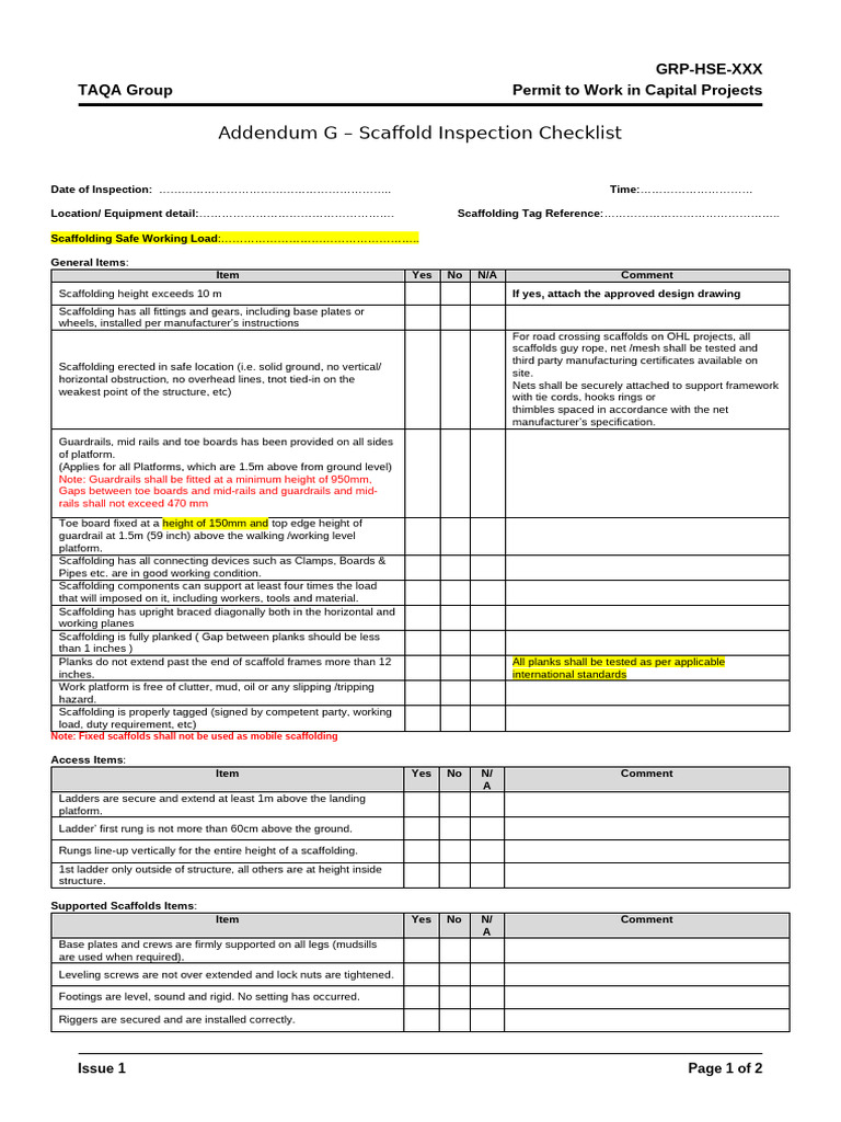 Addendum D - Scaffold Inspection Checklist - PTW Capital Project | PDF ...
