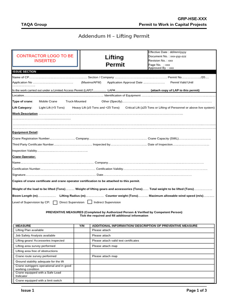 Addendum E - Lifting Permit - PTW Capital Project | PDF