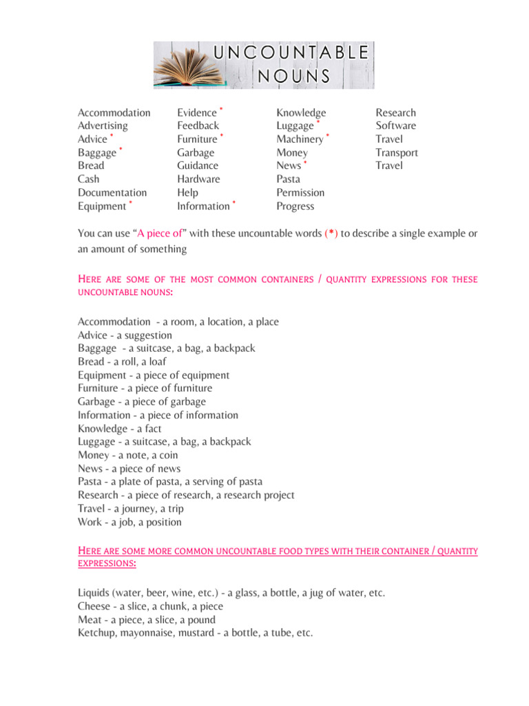 Uncountable Nouns and Their Containers | PDF