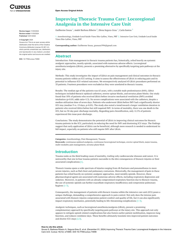 Improving Thoracic Trauma Care Locoregional Analgesia in The Intensive ...