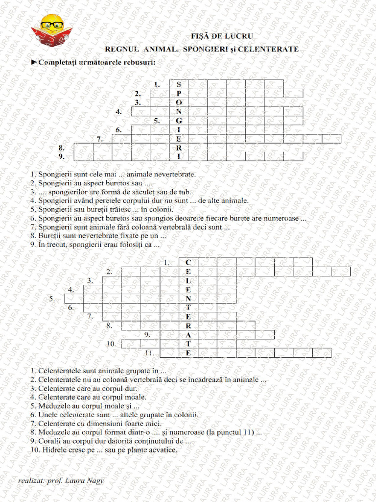 13 Cls 5 Fisa de Lucru Spongieri Celenterate Viermi Moluste | PDF