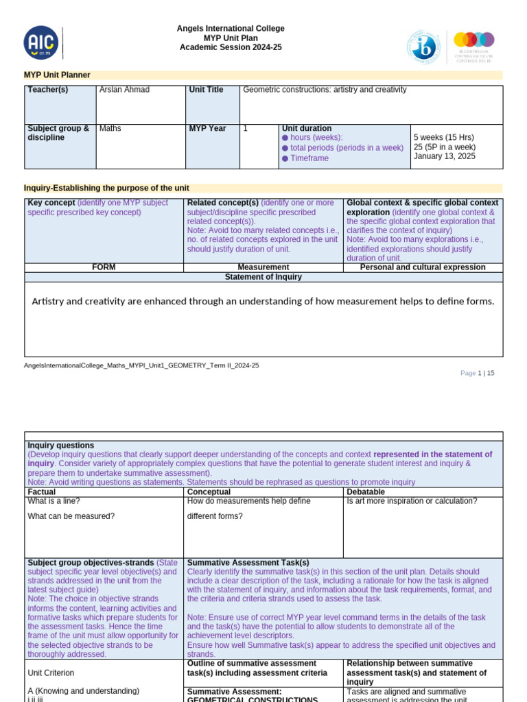 MYP Geometry Unit Plan: Artistry in Measurement | PDF | Cognition ...
